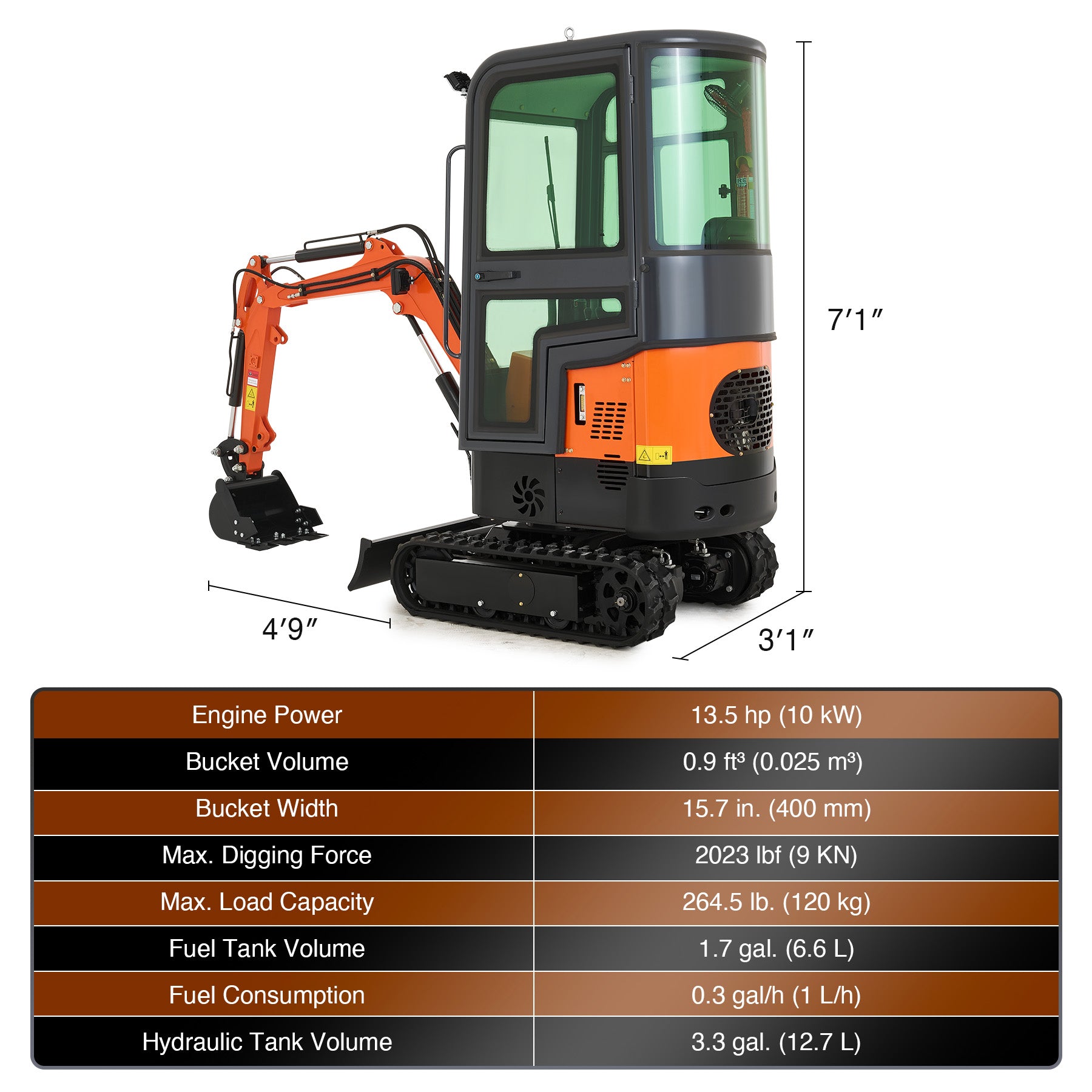 13.5 HP Mini Excavator: 1 Ton Mini Digger with Enclosed Cab – AHM